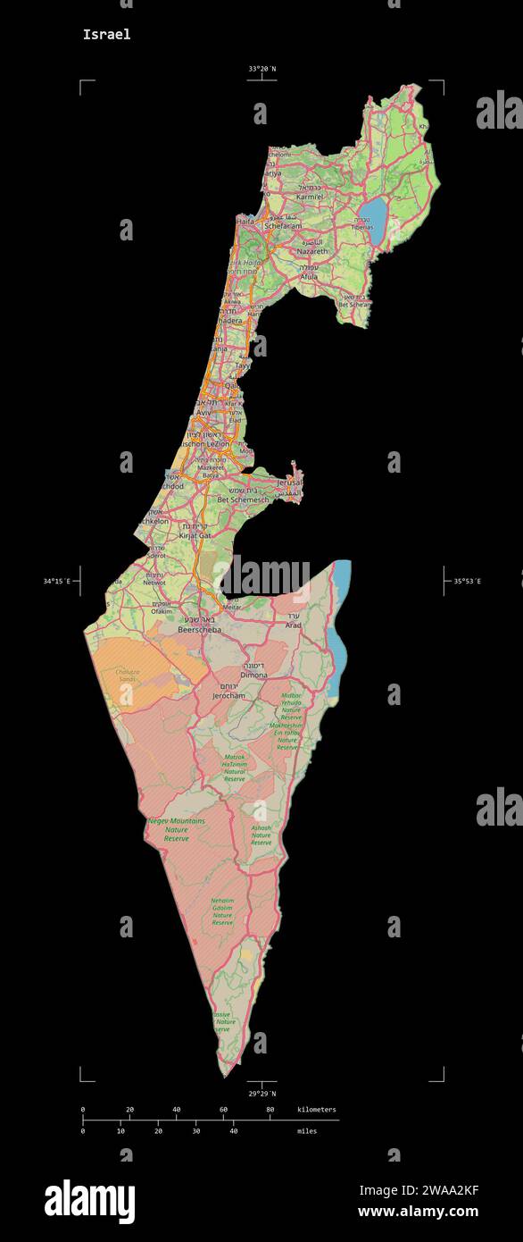 Shape of a topographic, OSM Germany style map of the Israel, with ...