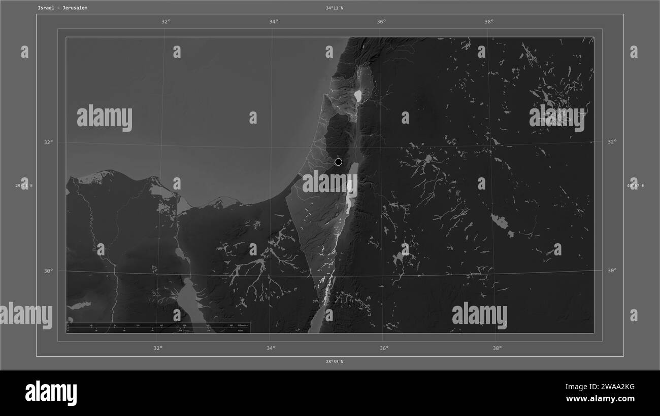 Israel highlighted on a Grayscale elevation map with lakes and rivers ...