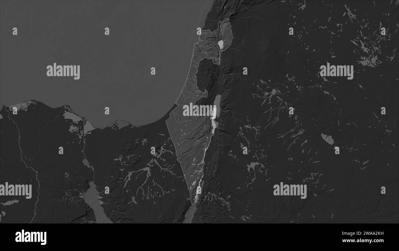 Israel highlighted on a Bilevel elevation map with lakes and rivers ...