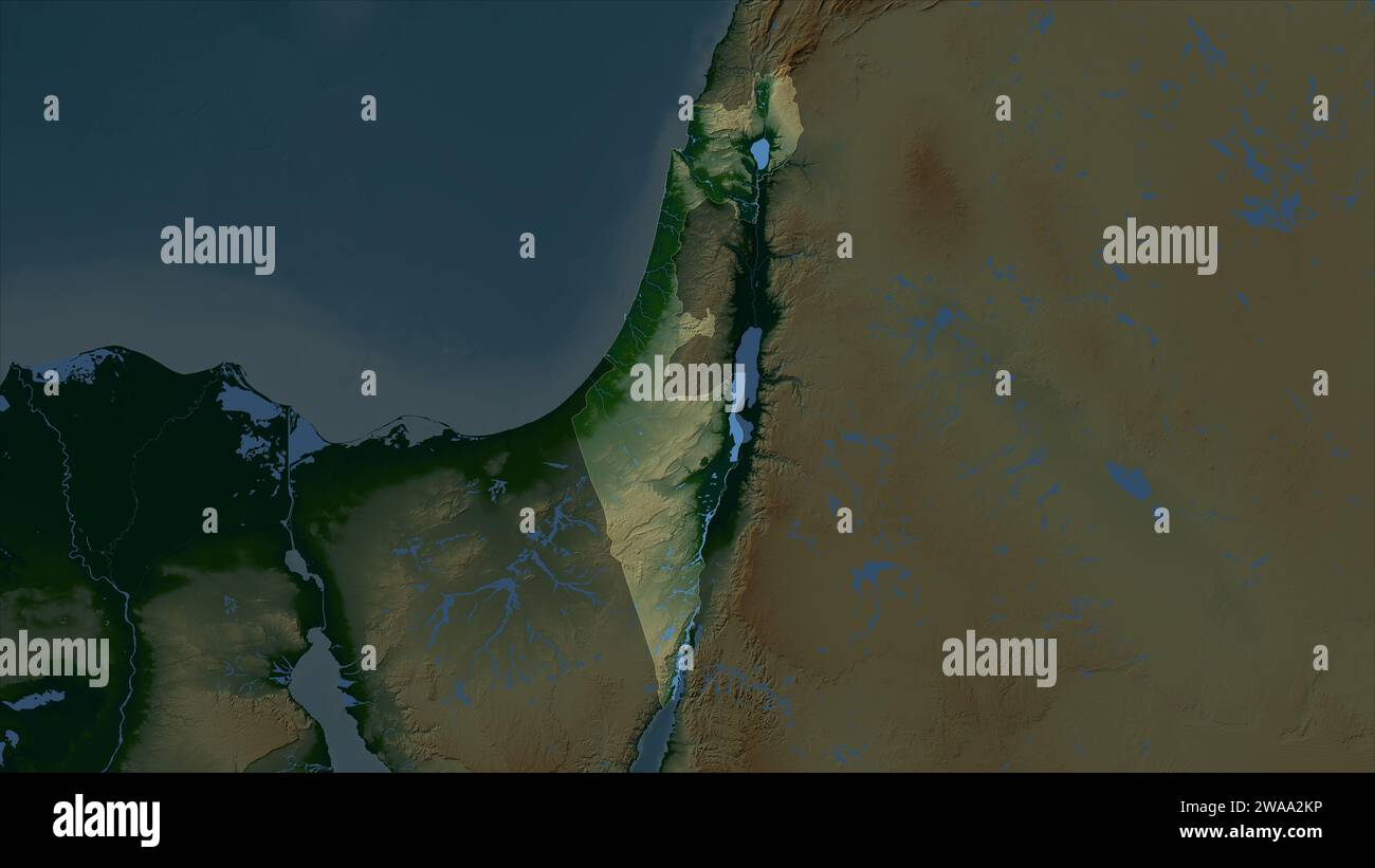 Israel highlighted on a Colored elevation map with lakes and rivers ...