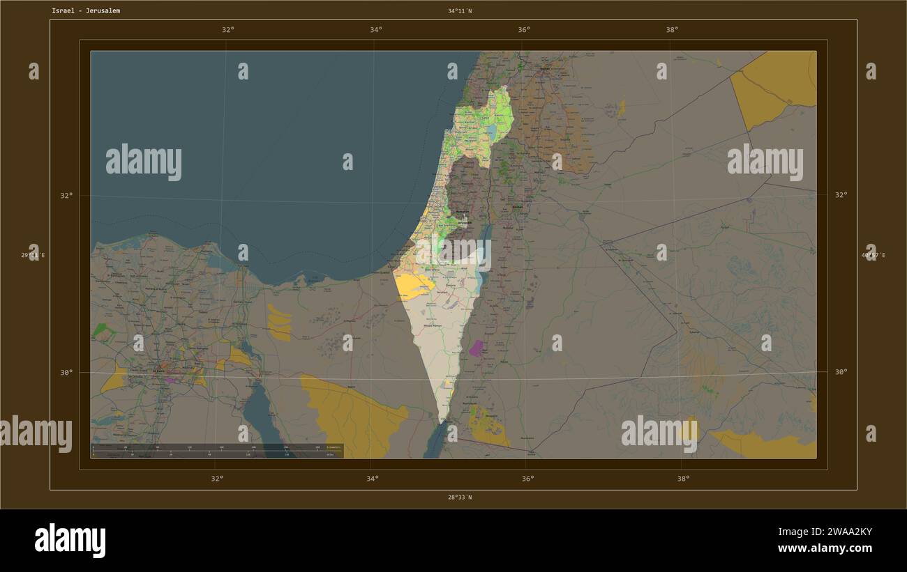 Israel highlighted on a topographic, OSM France style map map with the ...