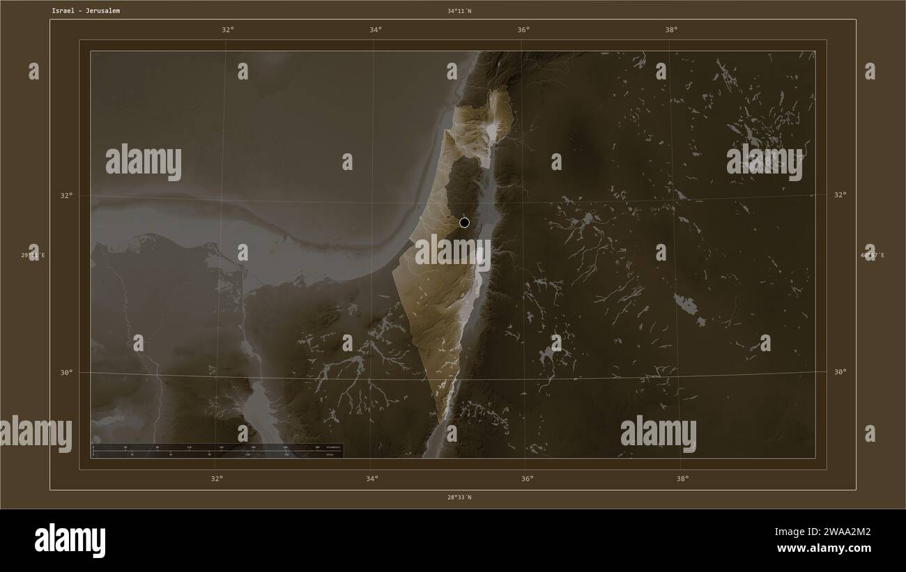 Israel highlighted on a elevation map colored in sepia tones with lakes ...