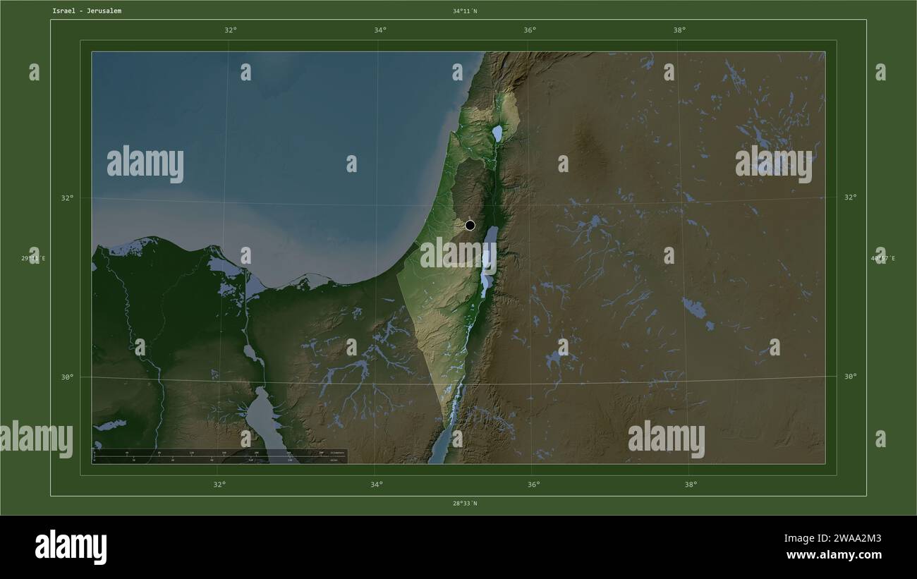 Israel highlighted on a Pale colored elevation map with lakes and ...