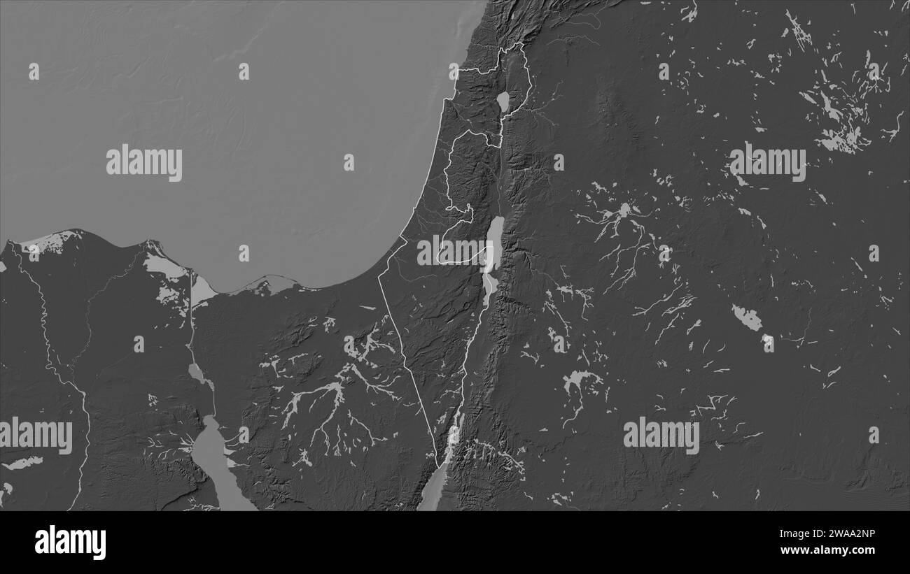Israel outlined on a Bilevel elevation map with lakes and rivers Stock ...