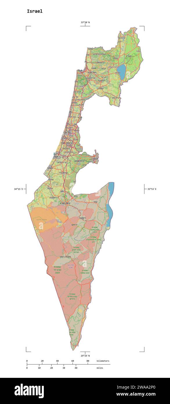 Shape of a topographic, OSM standard style map of the Israel, with distance scale and map border ...