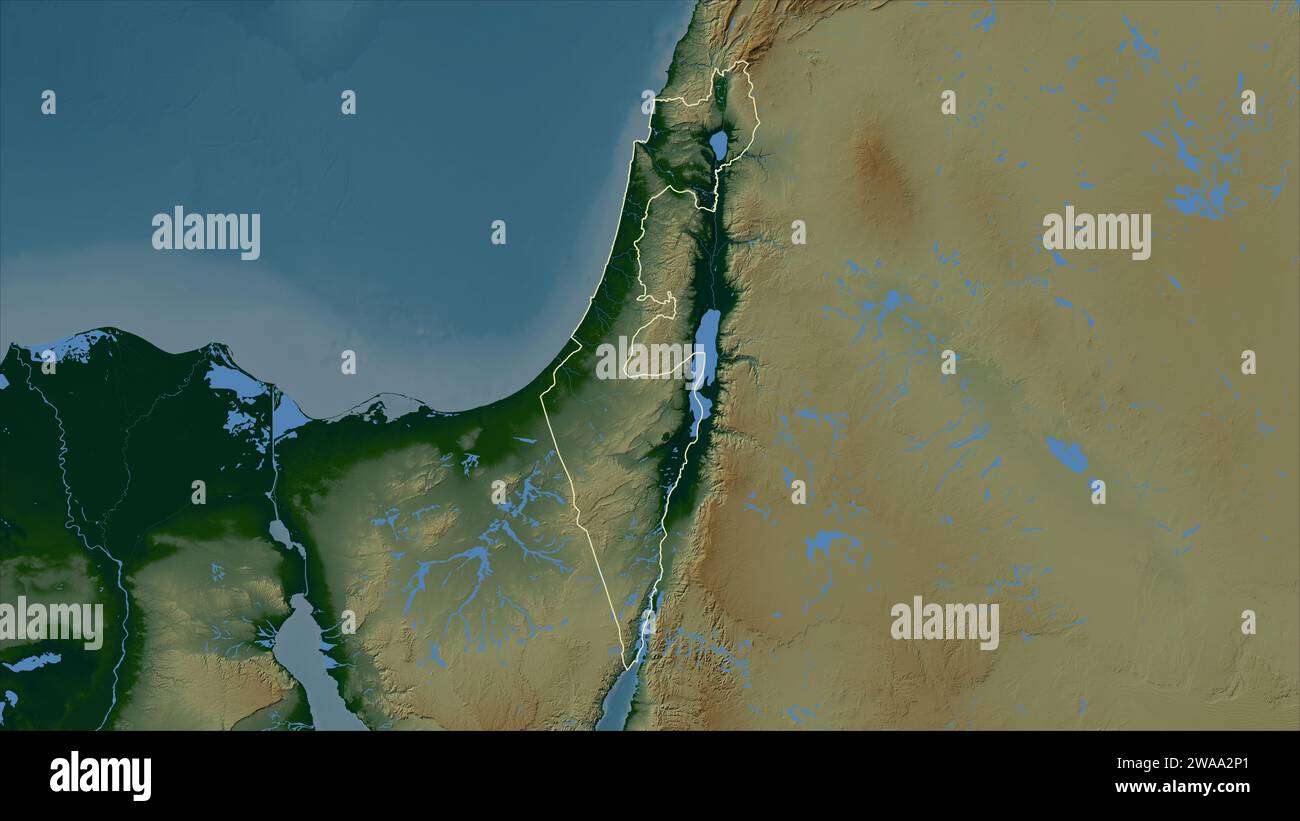 Israel outlined on a Colored elevation map with lakes and rivers Stock ...