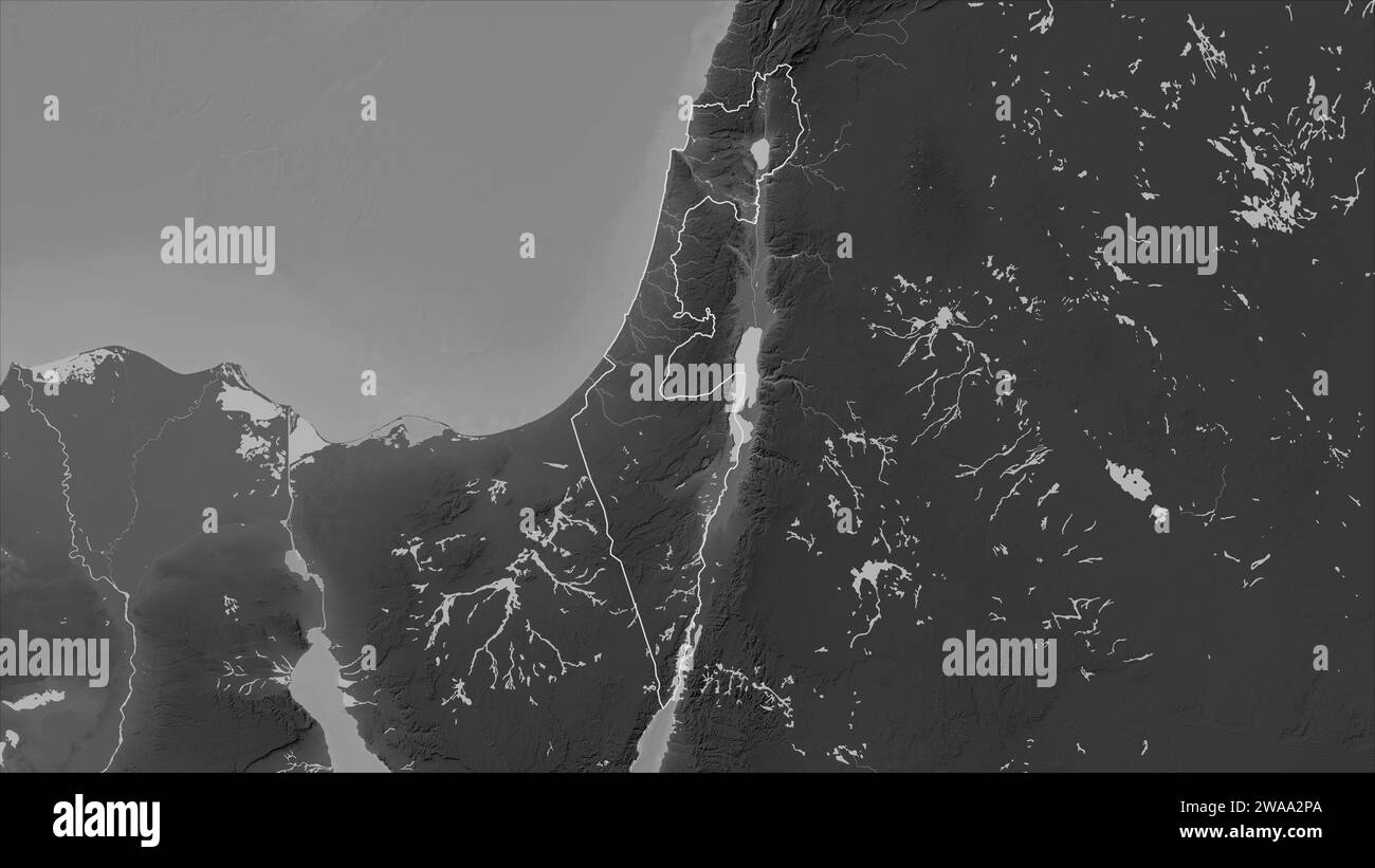 Israel outlined on a Grayscale elevation map with lakes and rivers ...