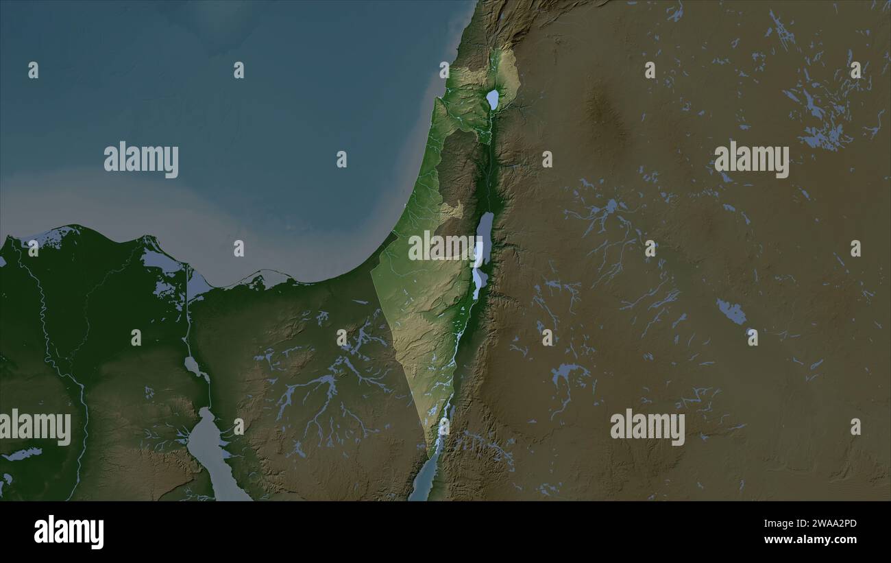 Israel highlighted on a Pale colored elevation map with lakes and ...