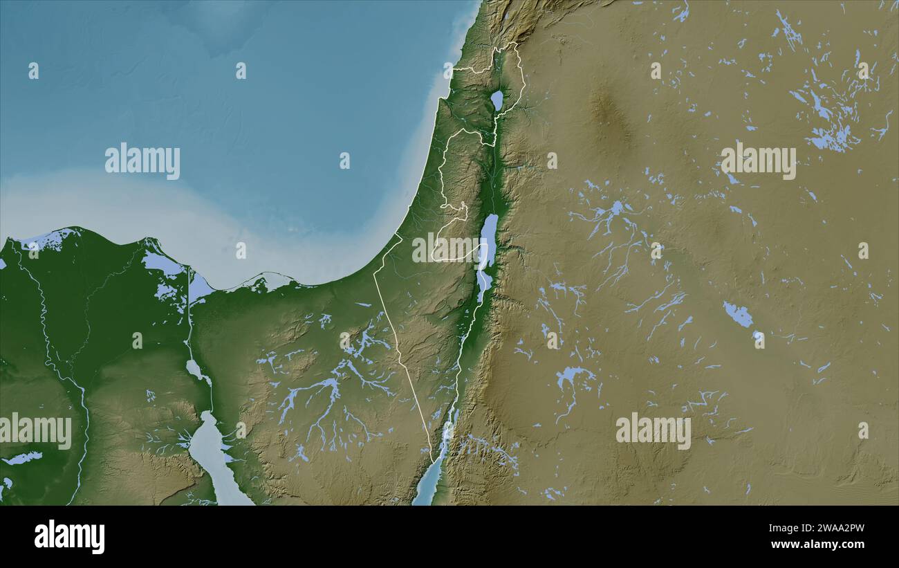 Israel outlined on a Pale colored elevation map with lakes and rivers ...