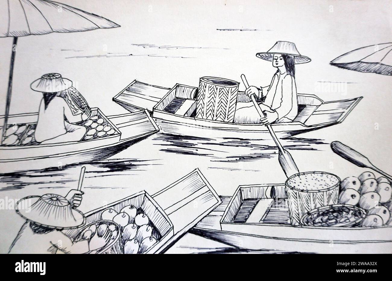 Art stroke drawing Floating market Thailand Stock Photo - Alamy