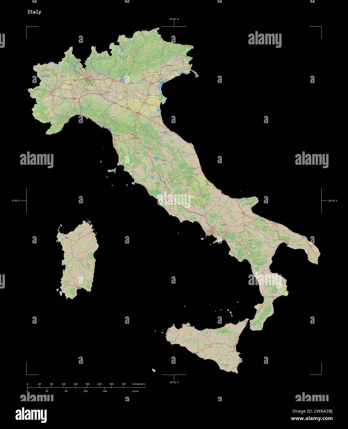 Shape of a topographic, OSM standard style map of the Italy, with ...