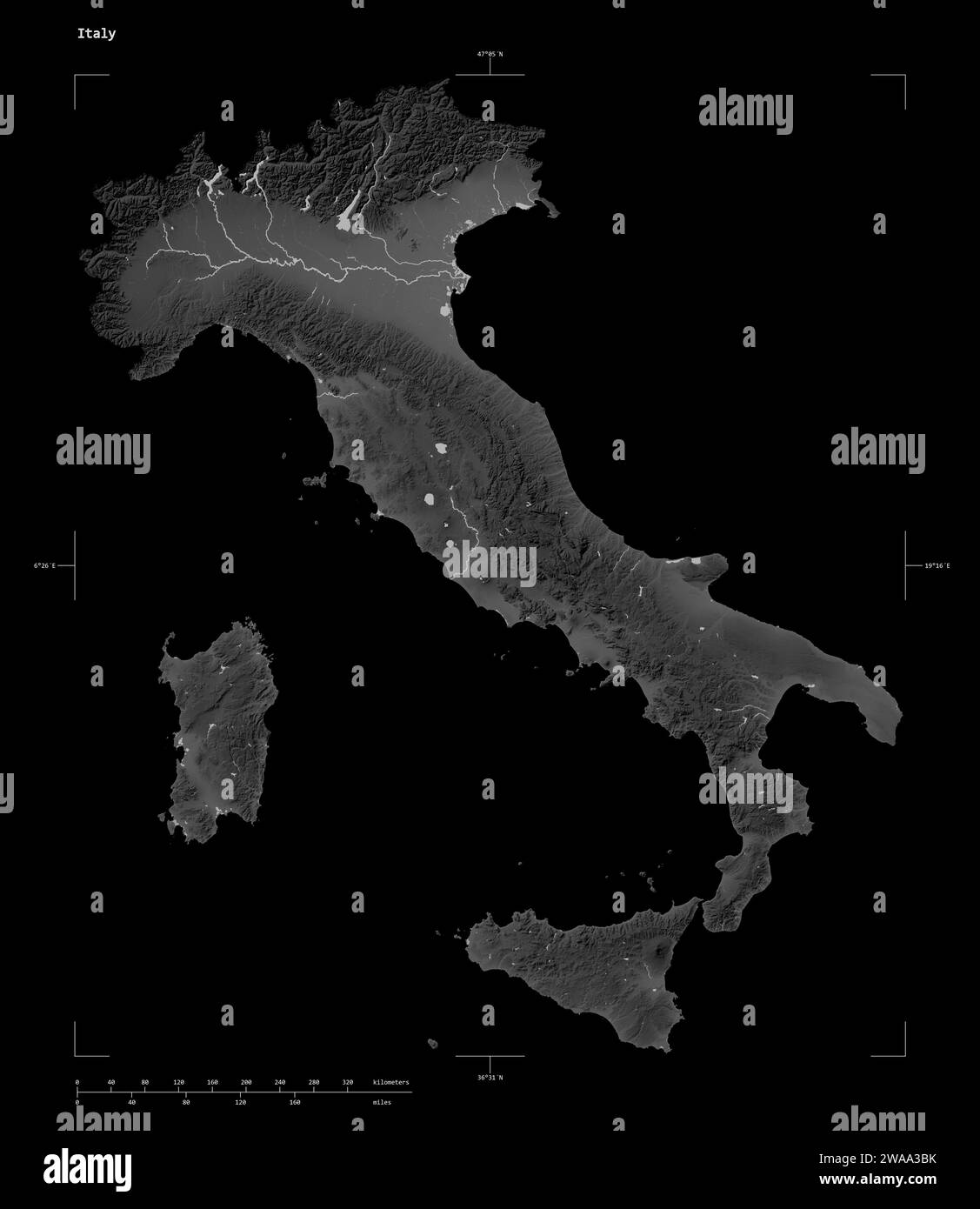 Shape of a Grayscale elevation map with lakes and rivers of the Italy ...