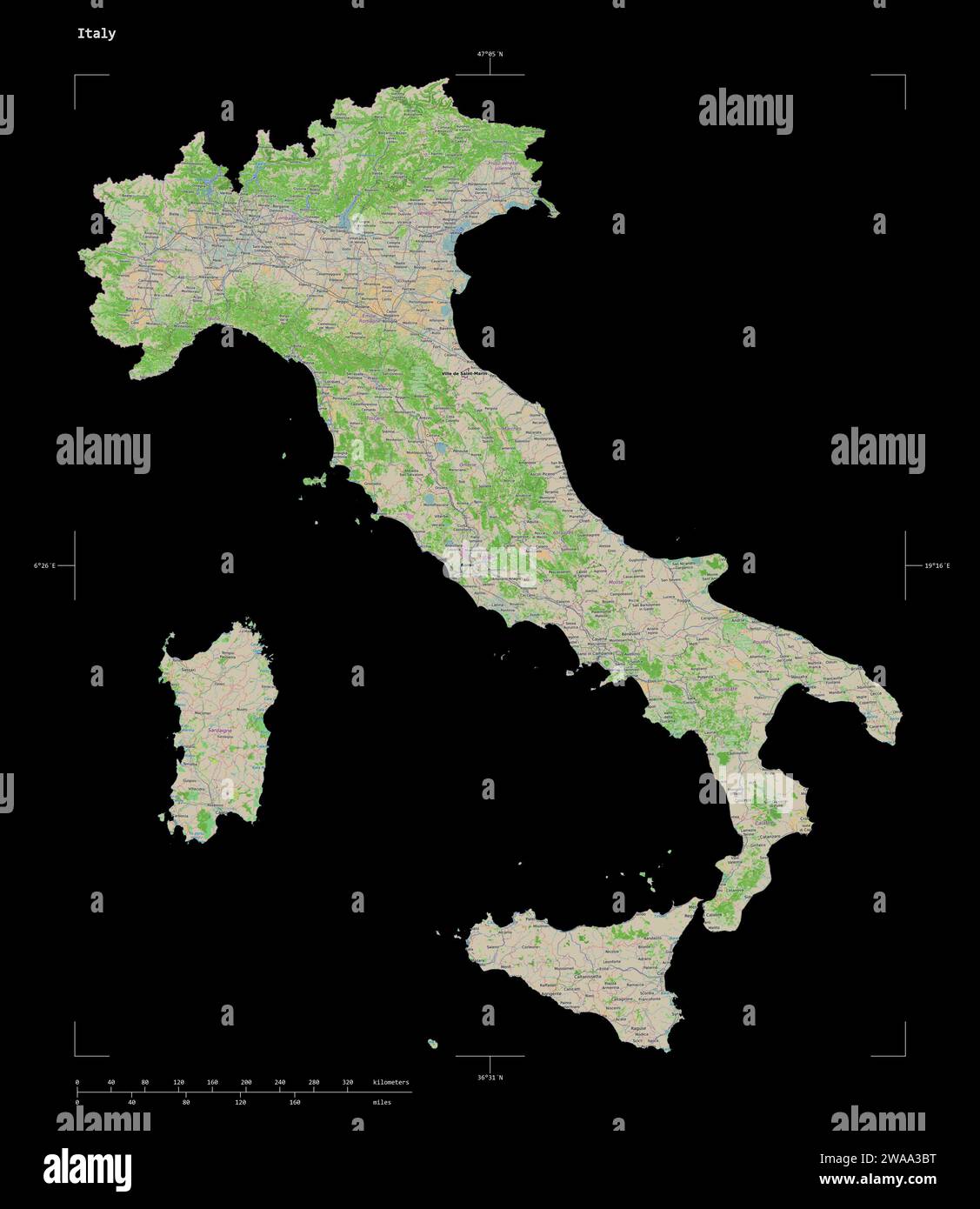 Shape of a topographic, OSM France style map of the Italy, with ...