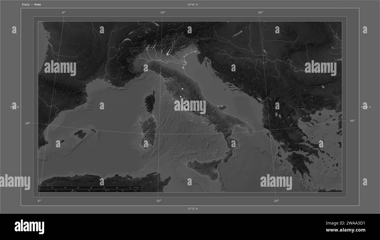 Italy highlighted on a Grayscale elevation map with lakes and rivers ...