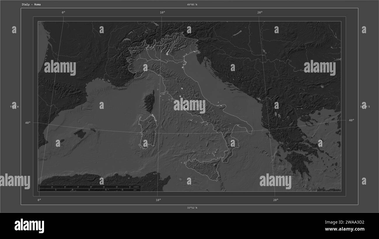 Italy highlighted on a Bilevel elevation map with lakes and rivers map ...