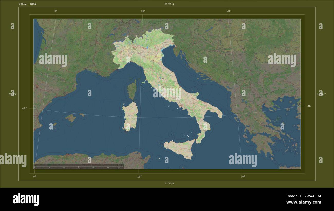 Italy highlighted on a topographic, OSM standard style map map with the ...