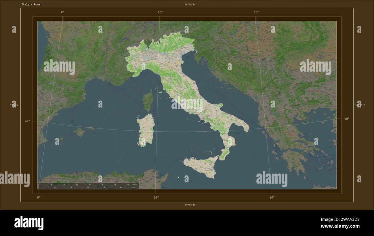 Italy highlighted on a topographic, OSM France style map map with the ...