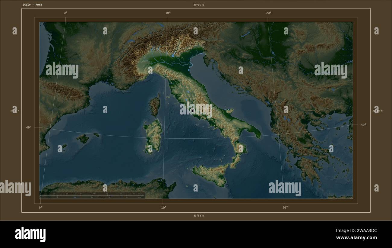 Italy highlighted on a Colored elevation map with lakes and rivers map ...