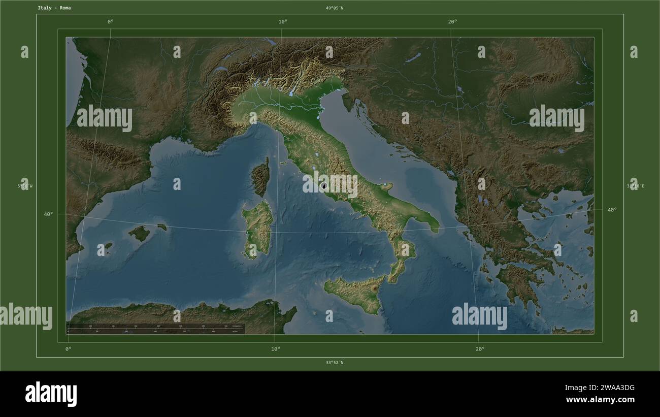 Italy highlighted on a Pale colored elevation map with lakes and rivers ...