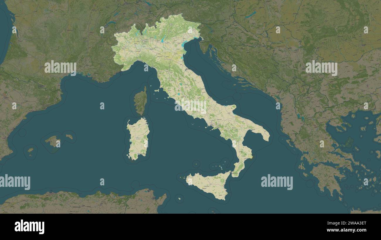 Italy highlighted on a topographic, OSM Humanitarian style map Stock ...