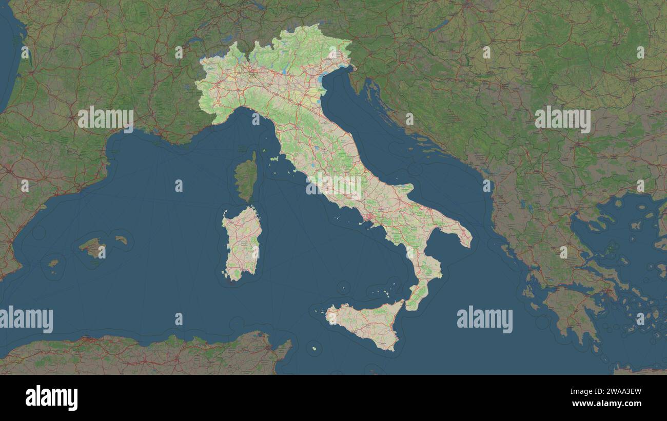 Italy highlighted on a topographic, OSM Germany style map Stock Photo - Alamy