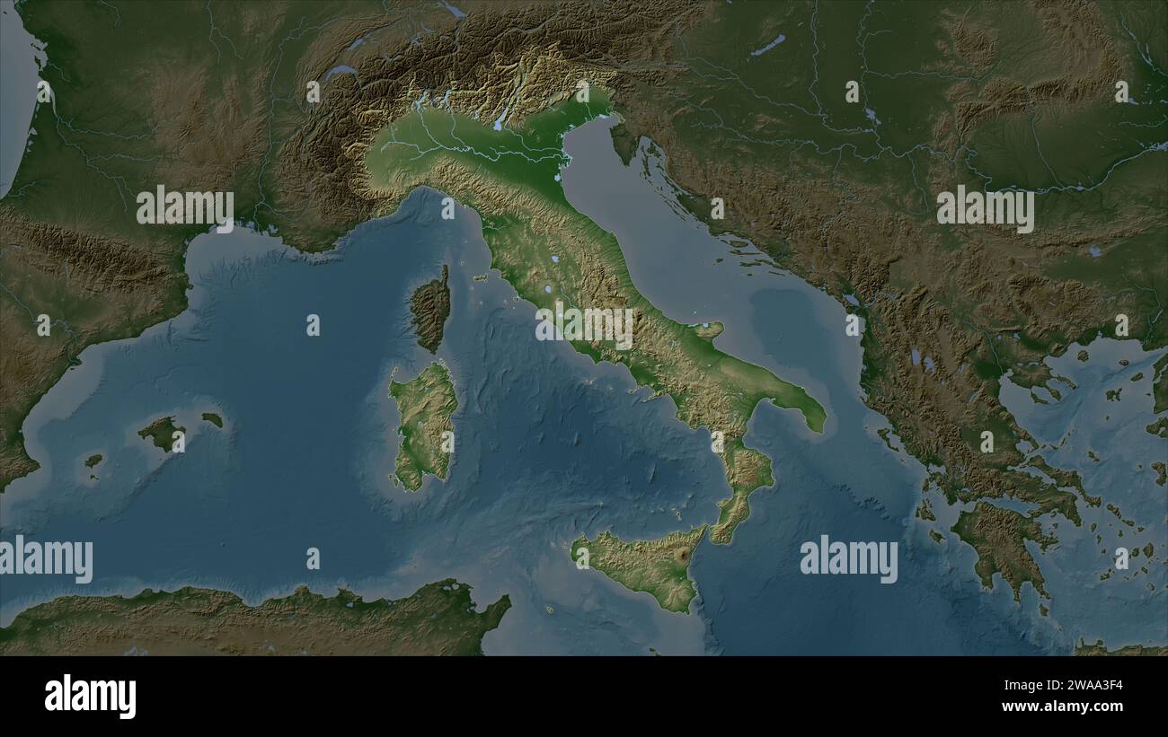 Italy highlighted on a Pale colored elevation map with lakes and rivers ...