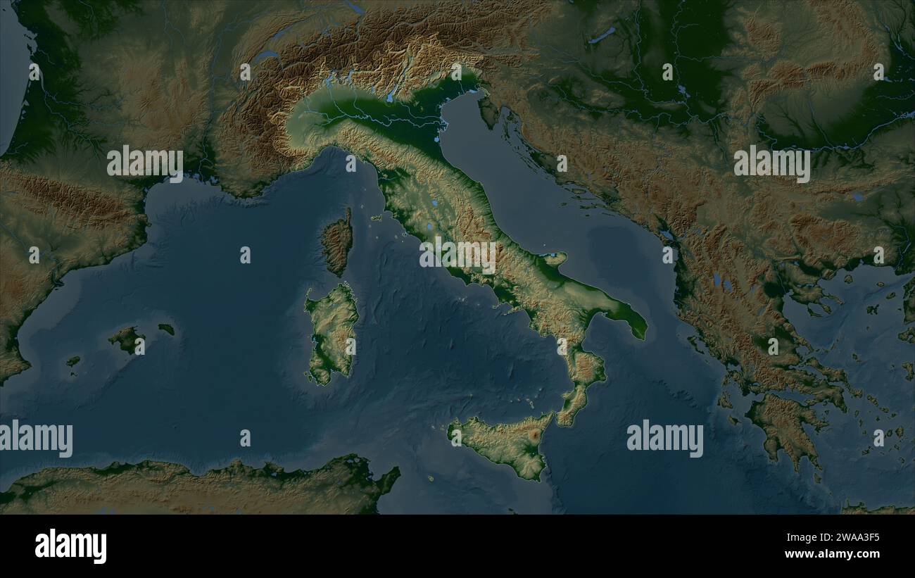 Italy highlighted on a Colored elevation map with lakes and rivers ...