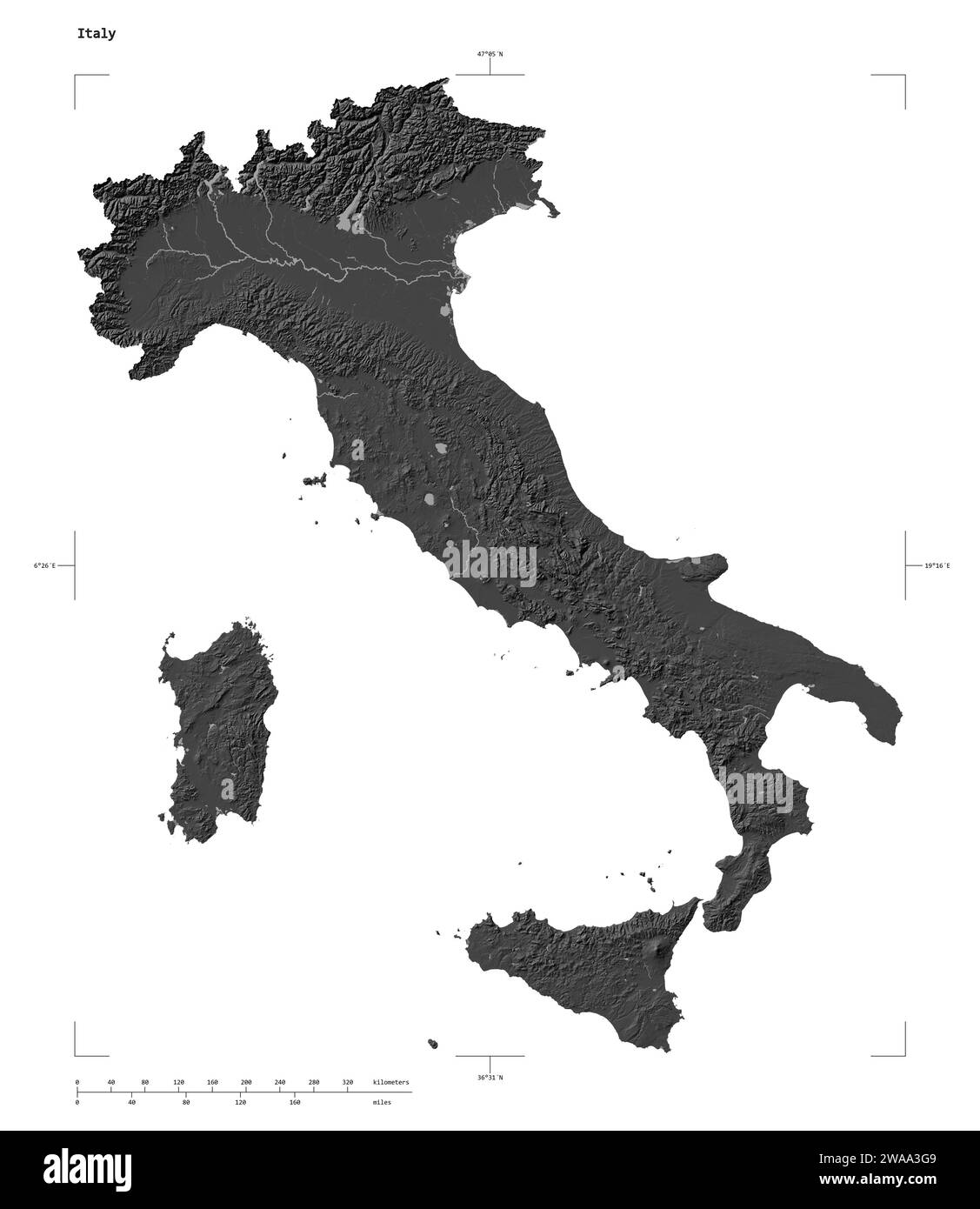 Shape of a Bilevel elevation map with lakes and rivers of the Italy, with distance scale and map ...