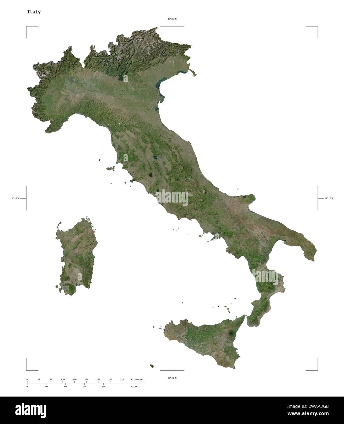 Shape of a high resolution satellite map of the Italy, with distance ...