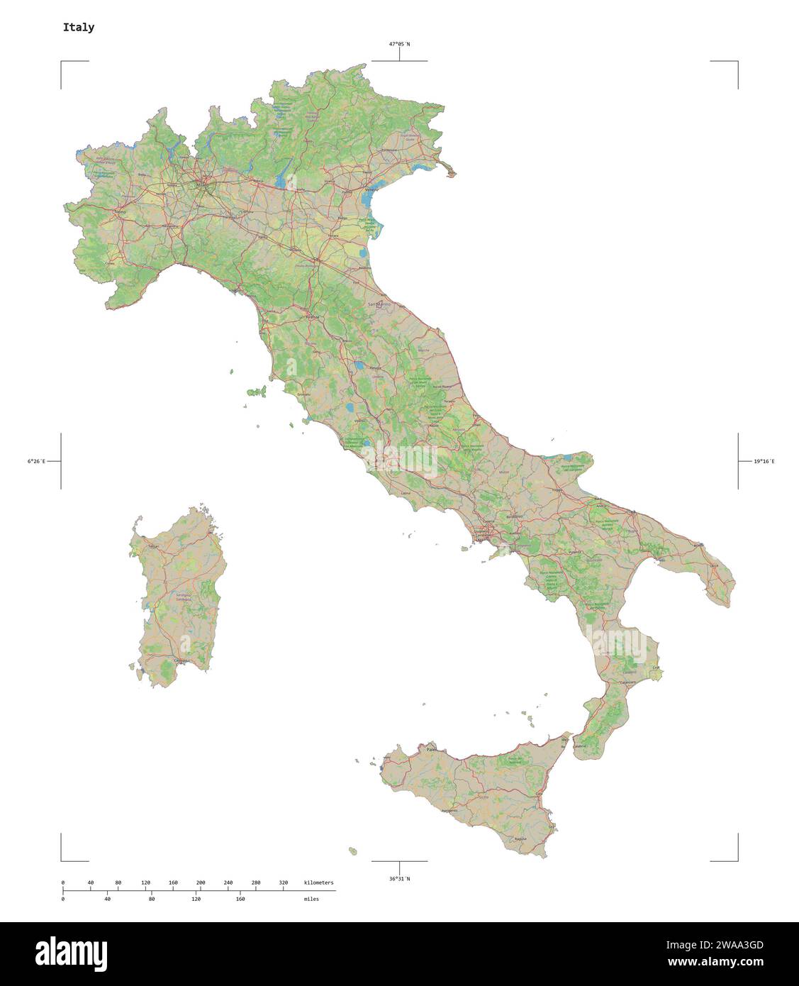 Shape of a topographic, OSM standard style map of the Italy, with ...