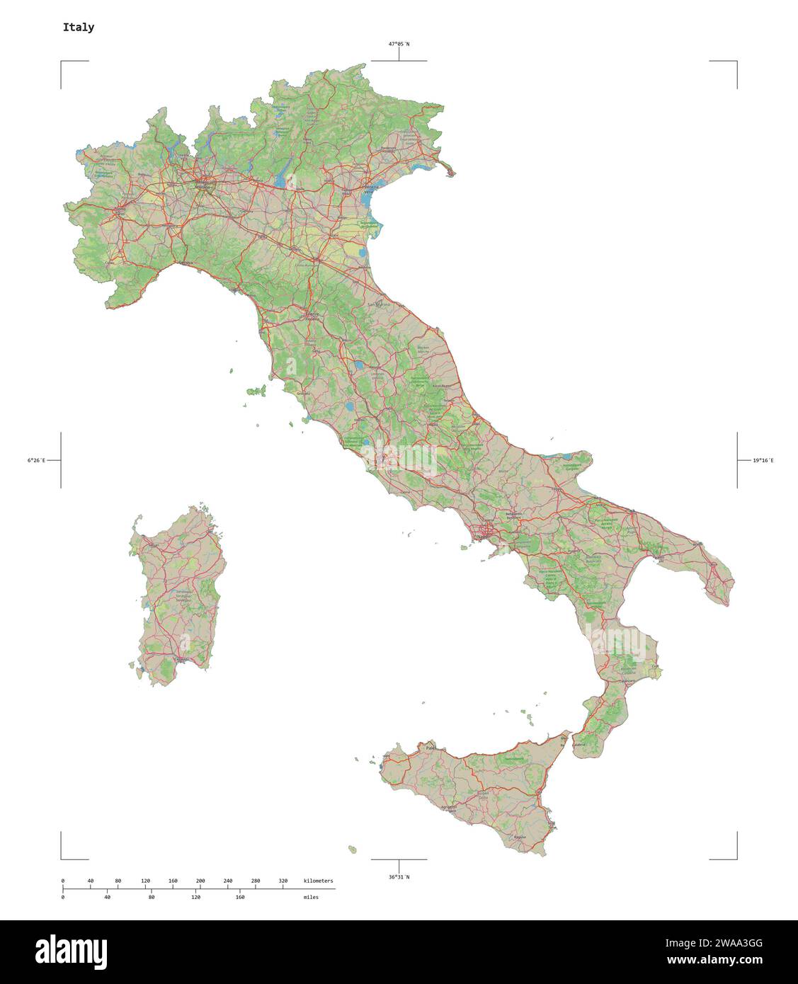 Shape of a topographic, OSM Germany style map of the Italy, with ...