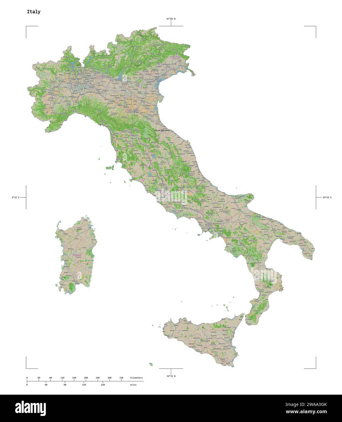 Shape of a topographic, OSM France style map of the Italy, with ...