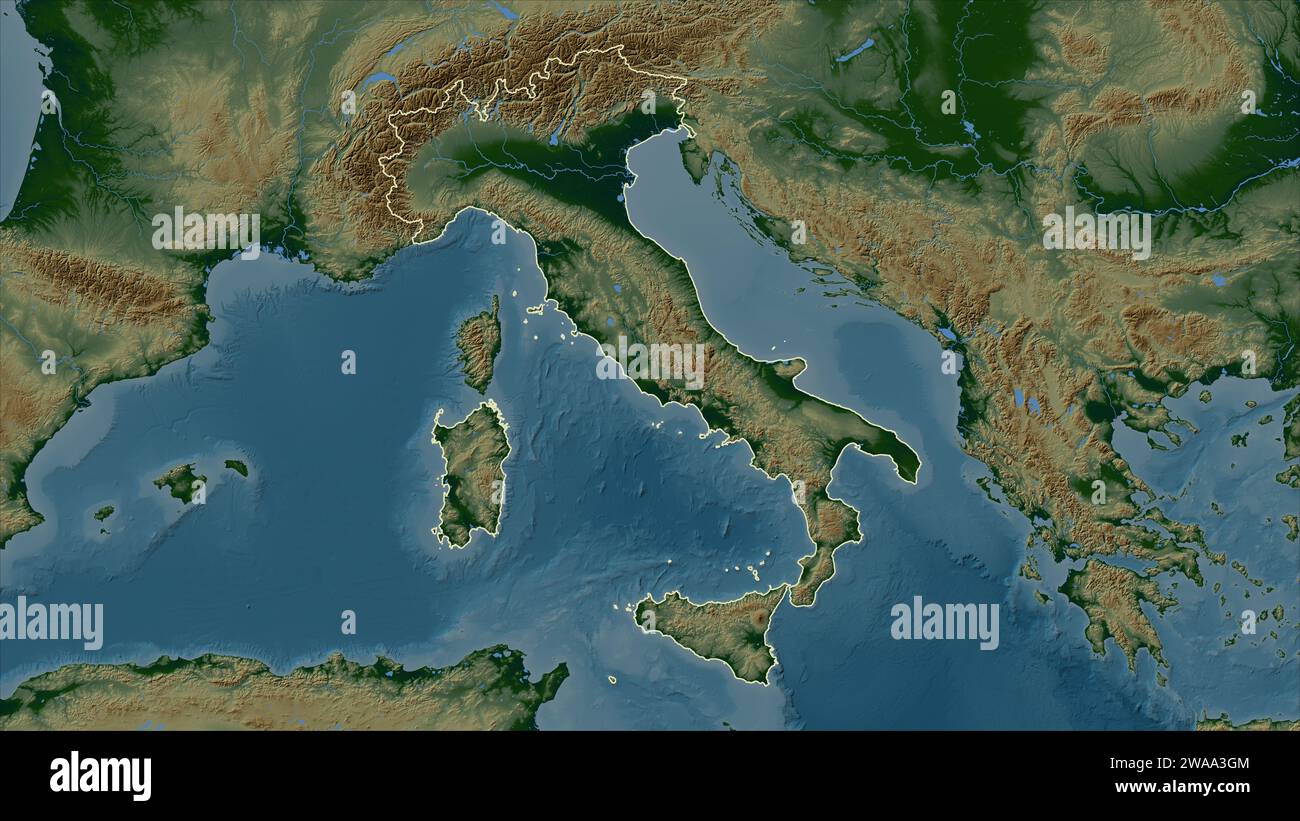 Italy outlined on a Colored elevation map with lakes and rivers Stock ...