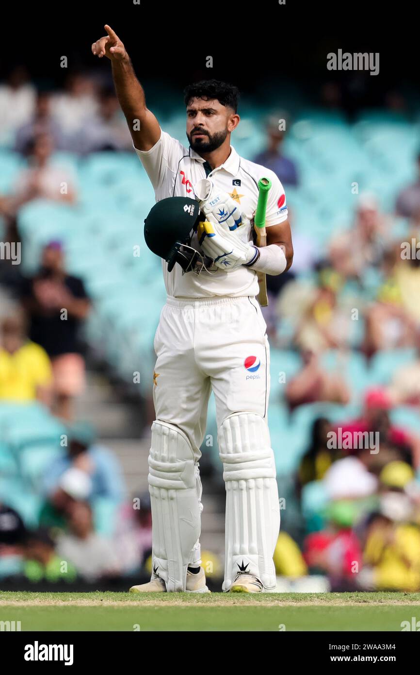 Sydney, Australia, 3 January, 2024. Aamir Jamal of Pakistan celebrates ...