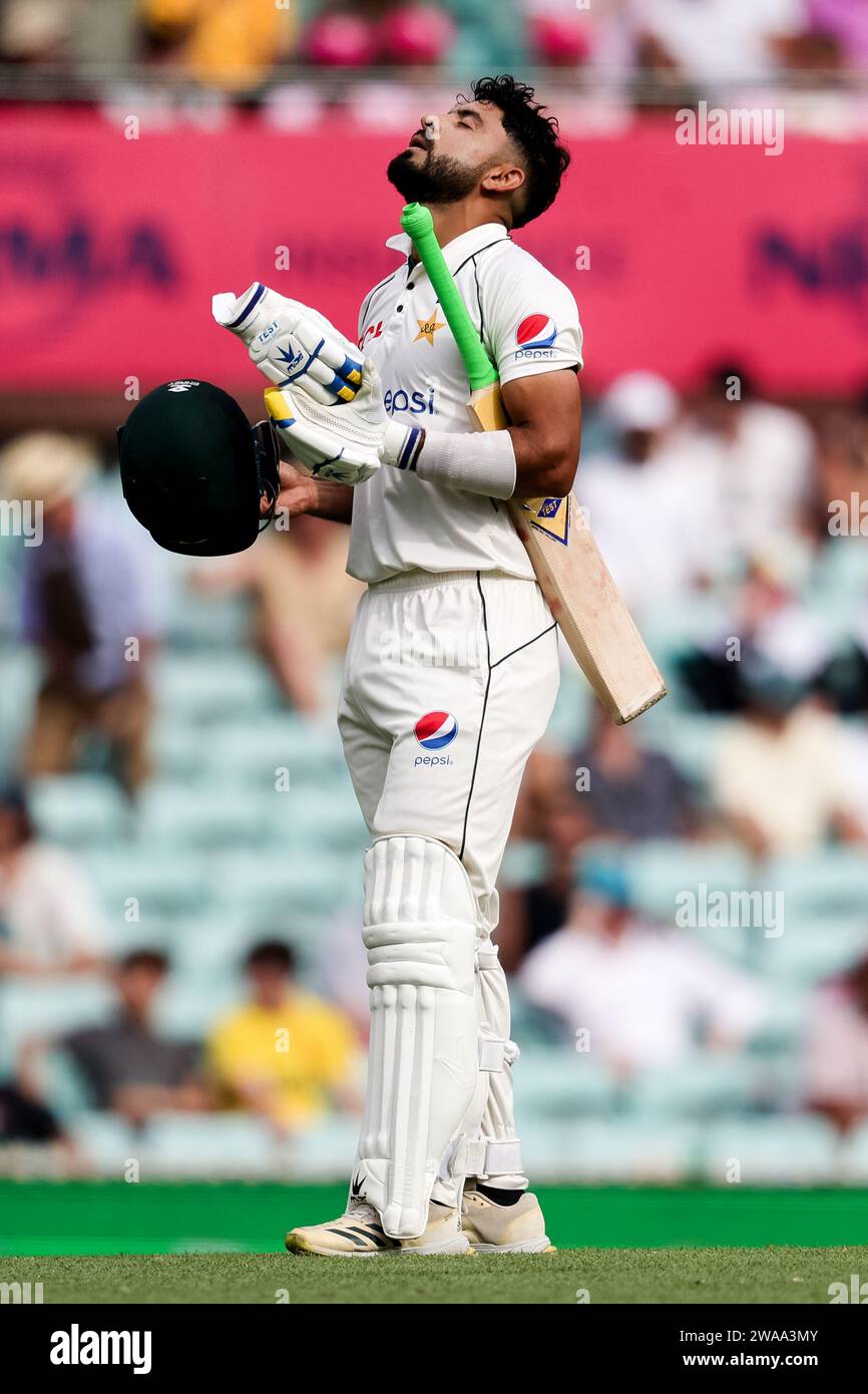 Sydney, Australia, 3 January, 2024. Aamir Jamal of Pakistan celebrates ...