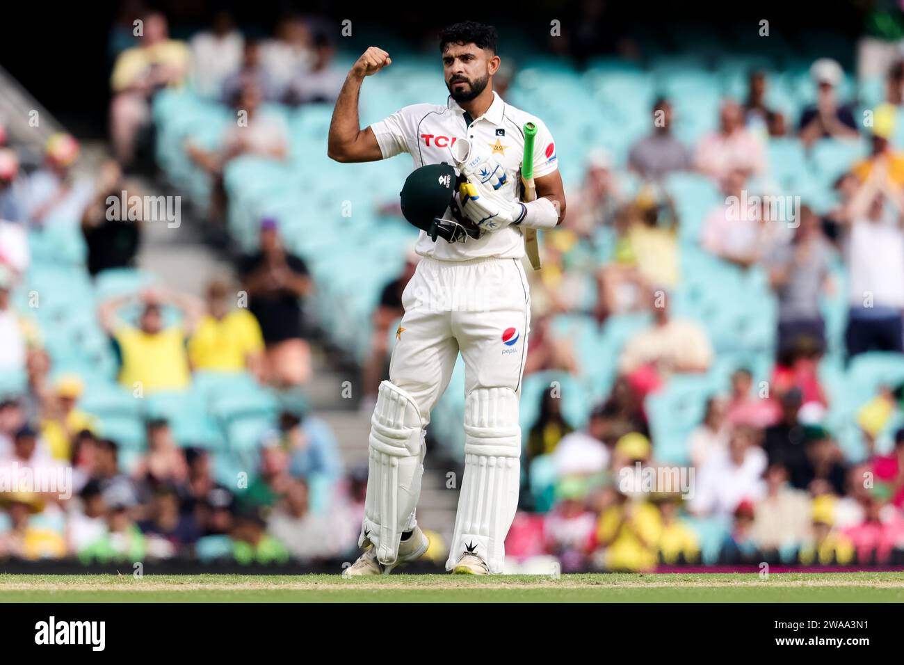 Sydney, Australia, 3 January, 2024. Aamir Jamal of Pakistan celebrates ...