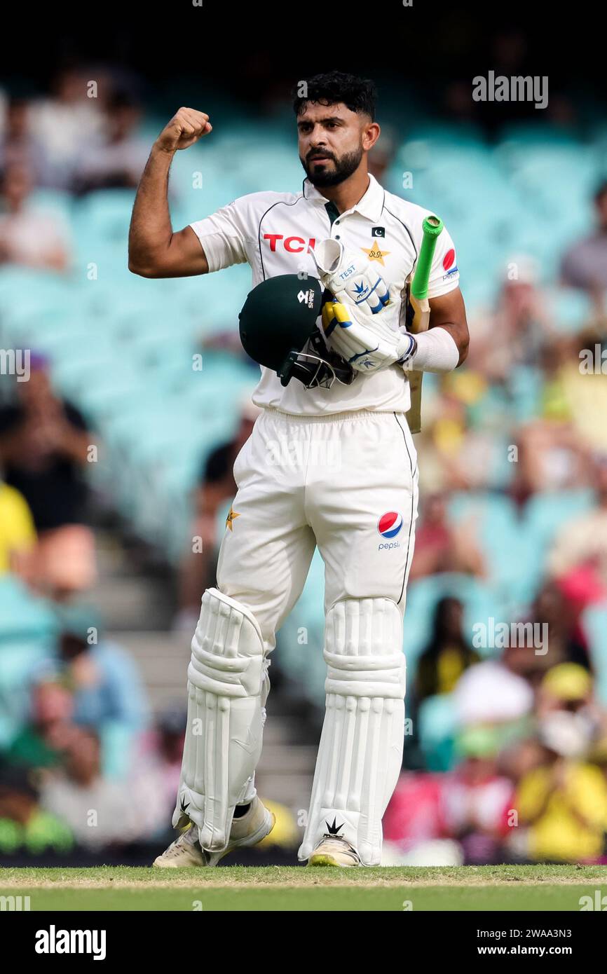 Sydney, Australia, 3 January, 2024. Aamir Jamal of Pakistan celebrates ...