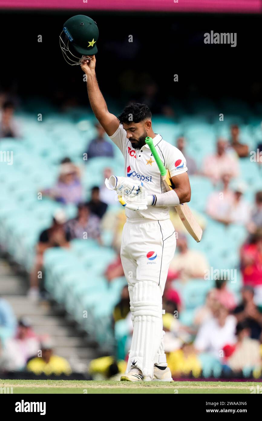 Sydney, Australia, 3 January, 2024. Aamir Jamal of Pakistan celebrates ...