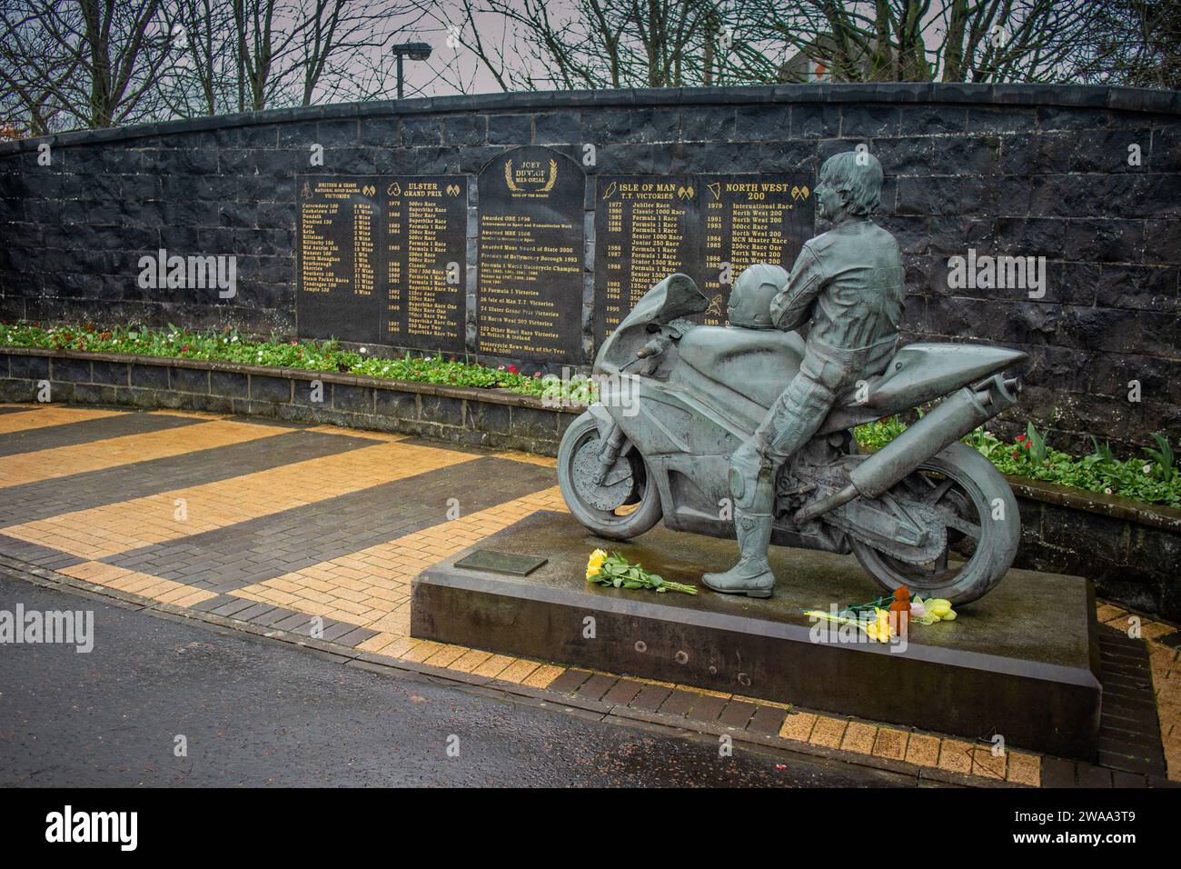 Memorial of Joey Dunlop in a park at Ballymoney, small town in northern ...