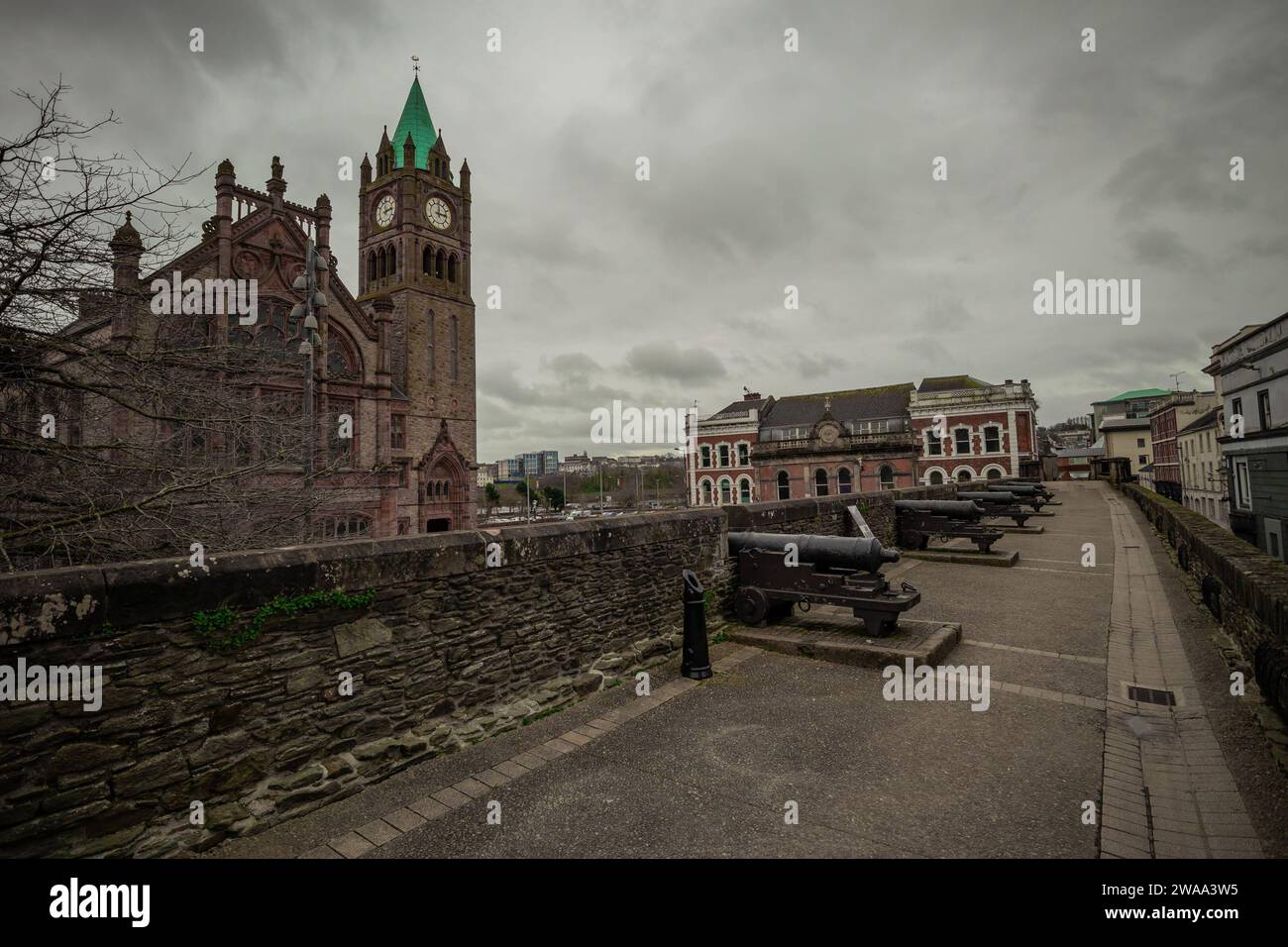View from the city wall of Derry or Londonderry, place with cannons ...