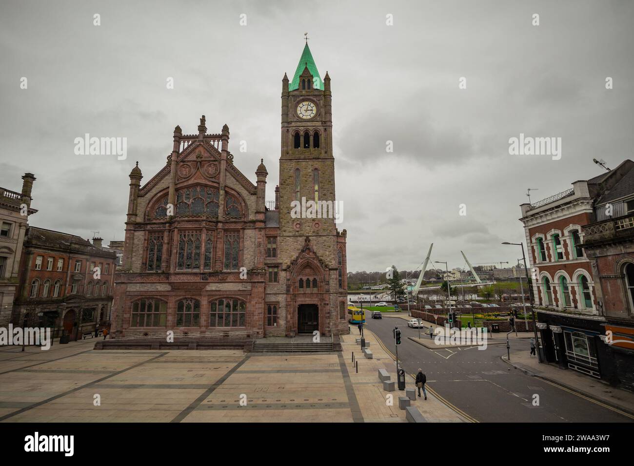 View from the city wall of Derry or Londonderry, place with cannons ...