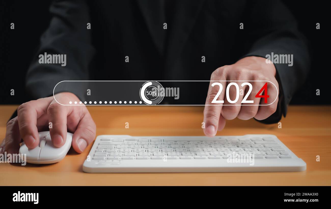 Businessman touch on virtual bar status to change to 2024, countdown of ...