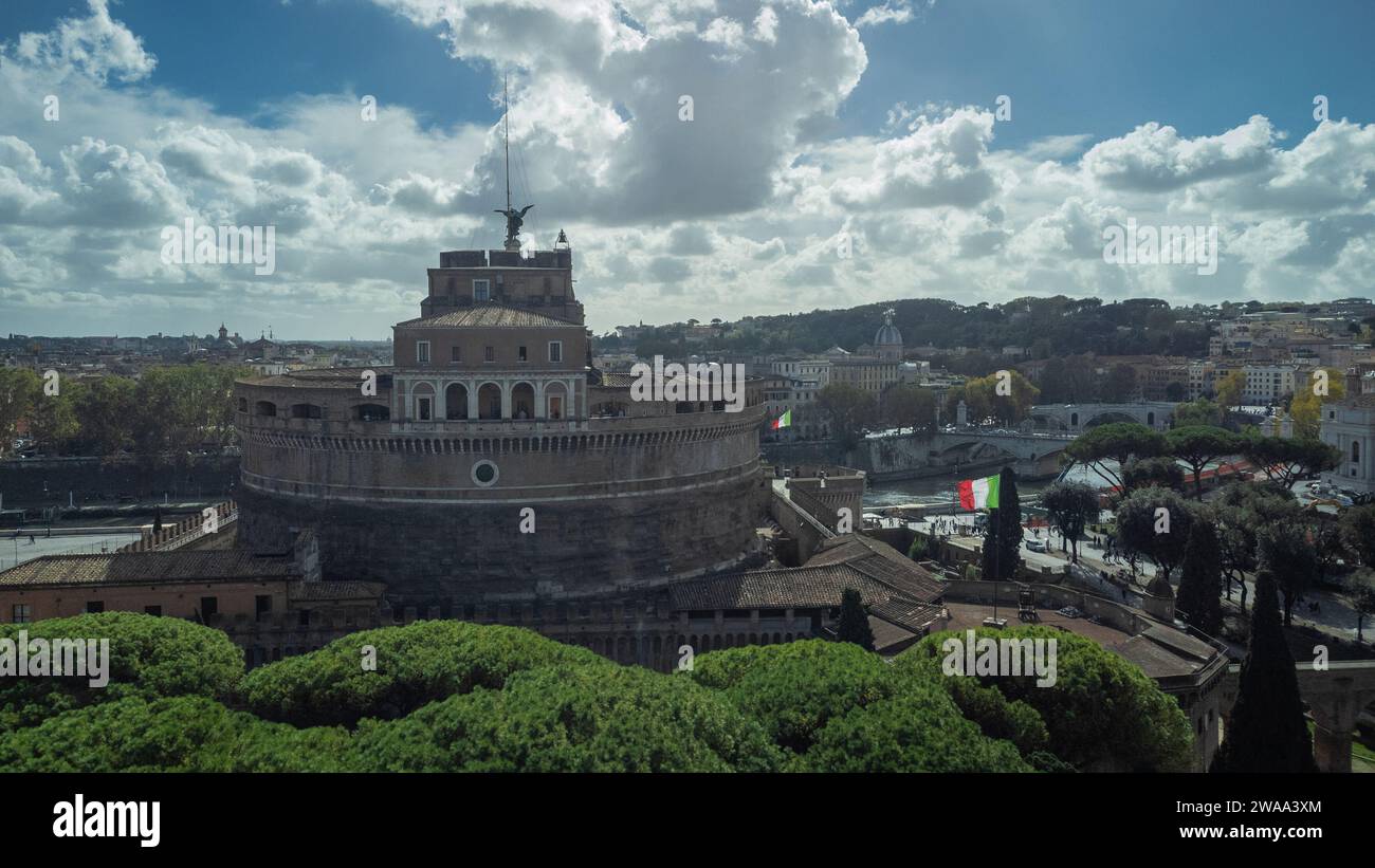 Aerial drone view of castle Sant Angelo, the mausoleum of Hadrian. This ...