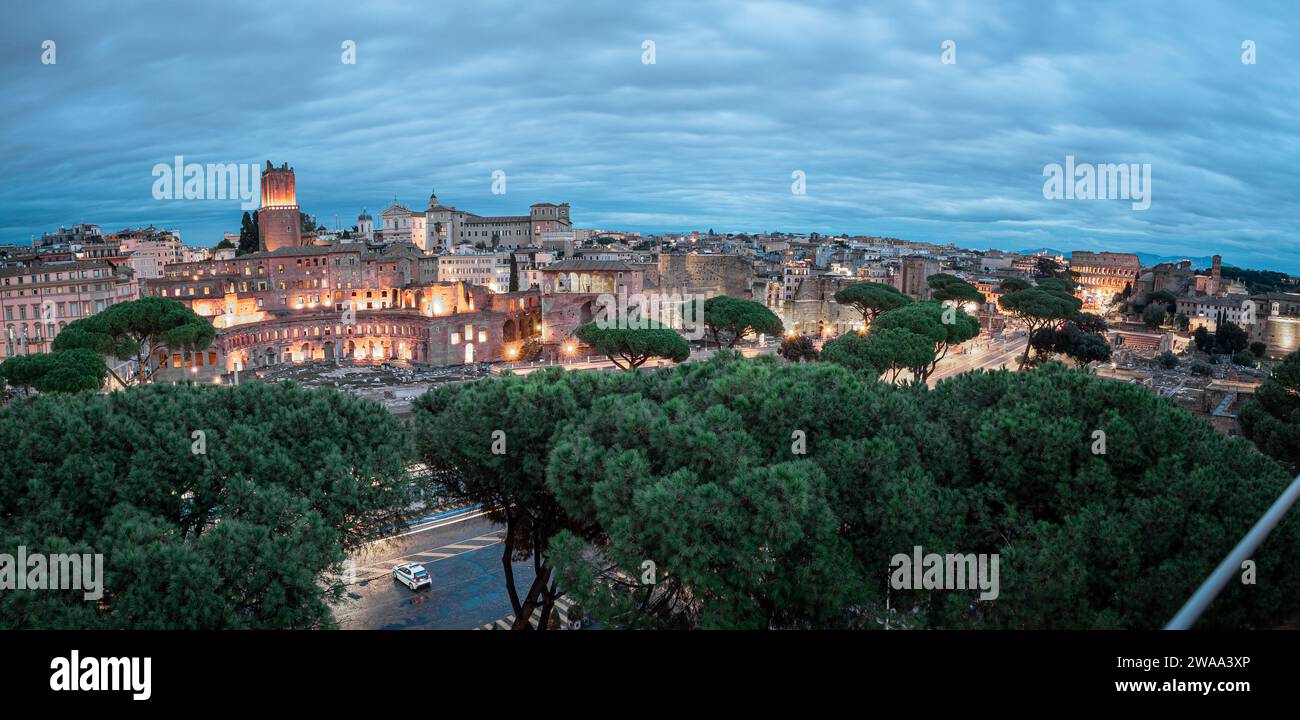 Evening view of famous rome colosseum, viewed from far. Visible road ...