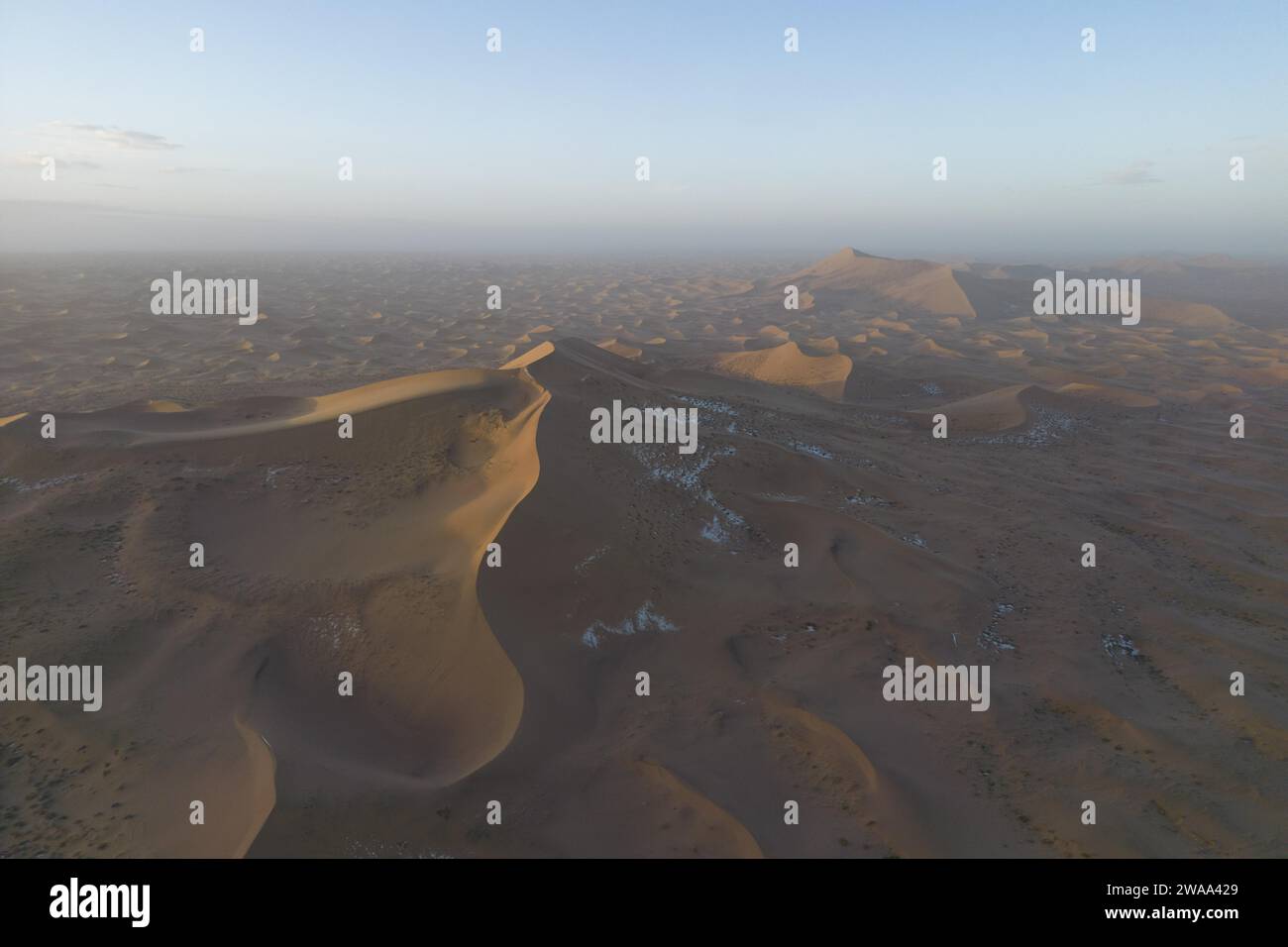 Aerial photo shows the Badain Jaran Desert of Alxa Right Banner, north ...