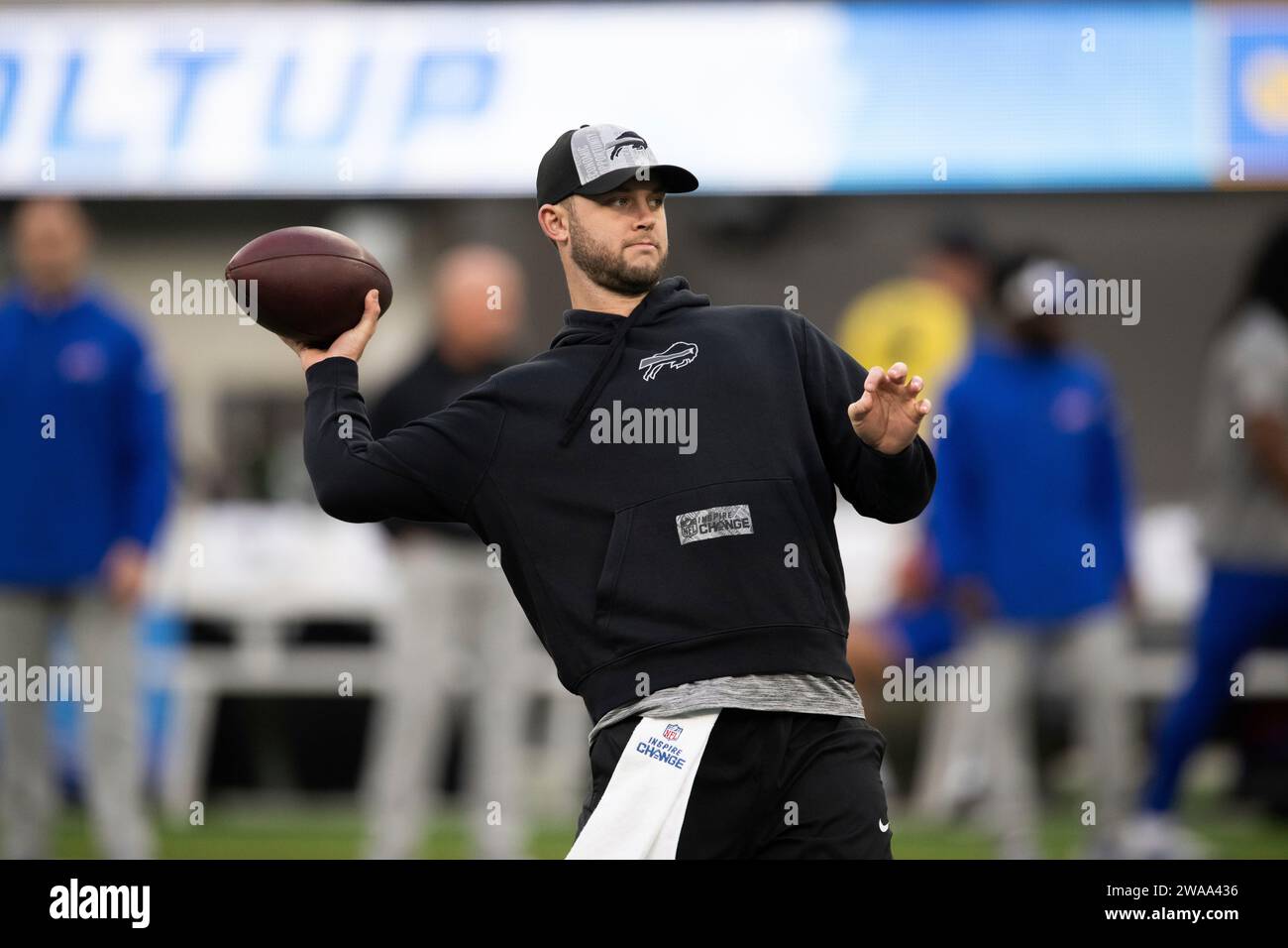 Buffalo Bills quarterback Kyle Allen (9) warms up before an NFL ...