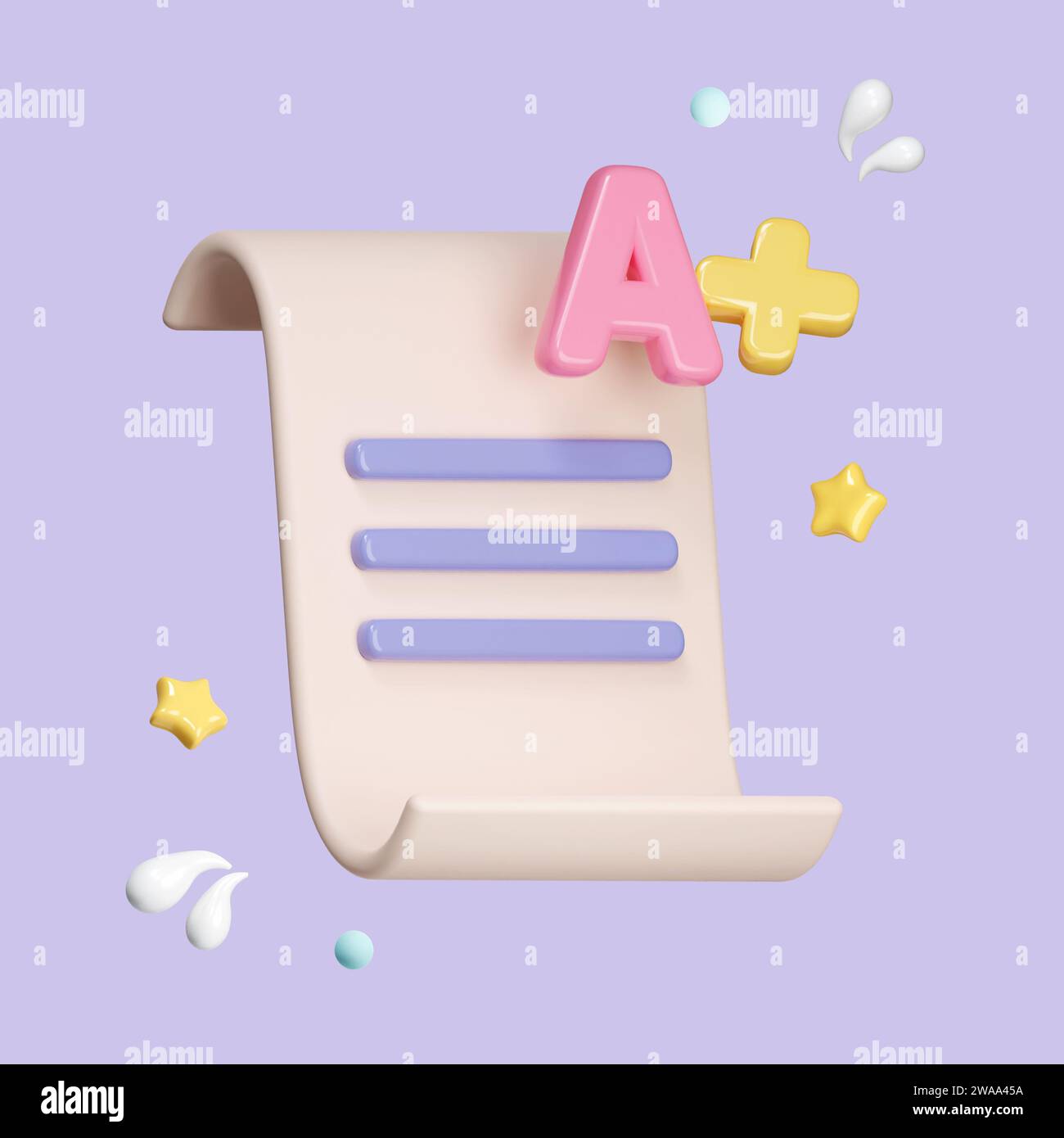 3D exam results paper and a plus score 3d icon isolated on pastel ...