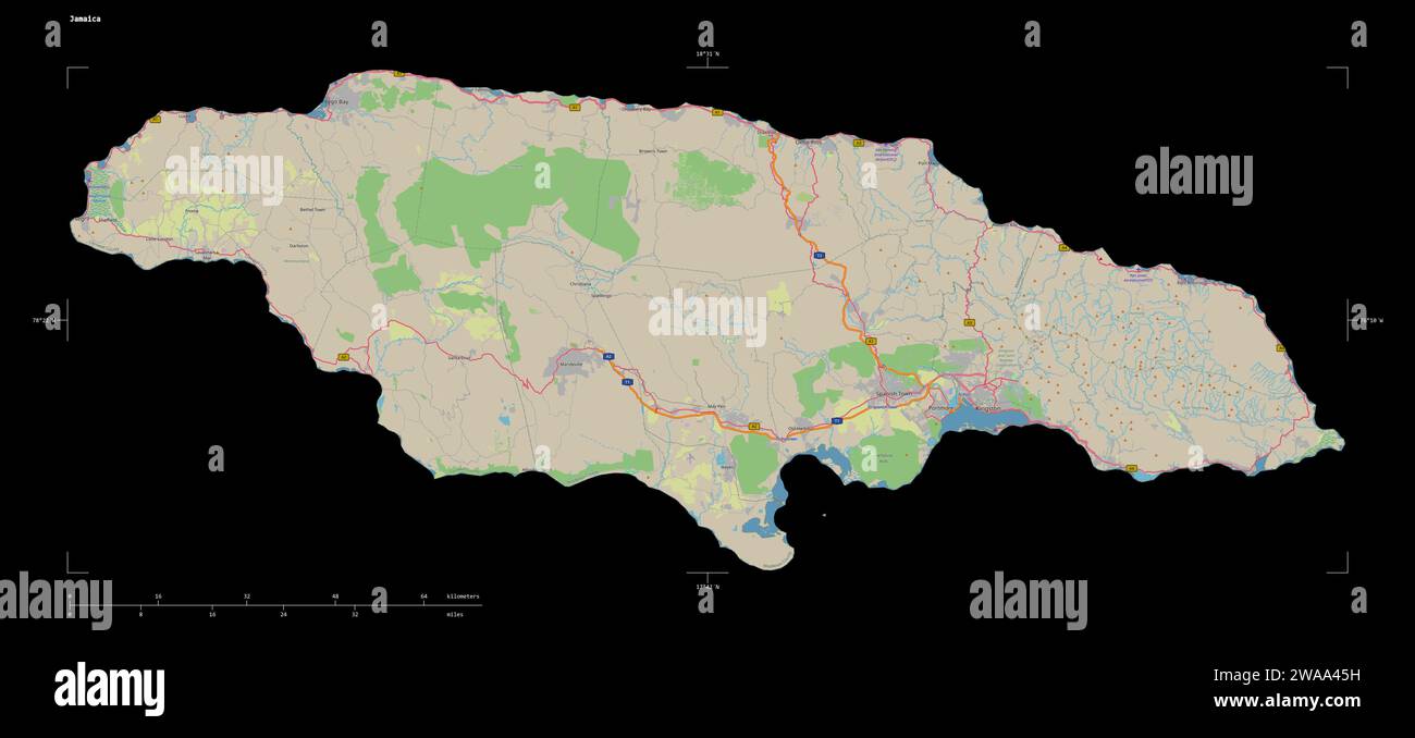 Shape of a topographic, OSM Germany style map of the Jamaica, with distance scale and map border ...