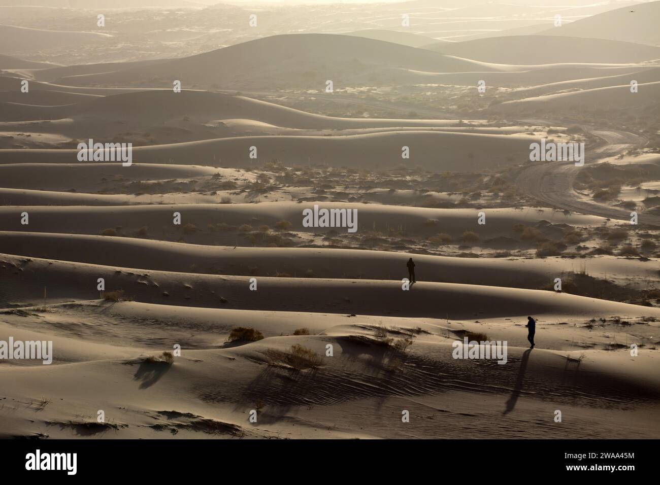 Aerial photo shows the Badain Jaran Desert of Alxa Right Banner, north ...