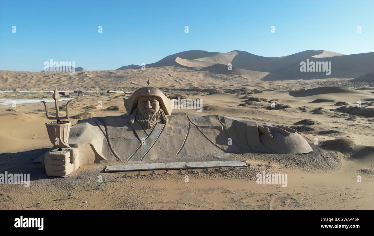 Aerial photo shows the Badain Jaran Desert of Alxa Right Banner, north ...